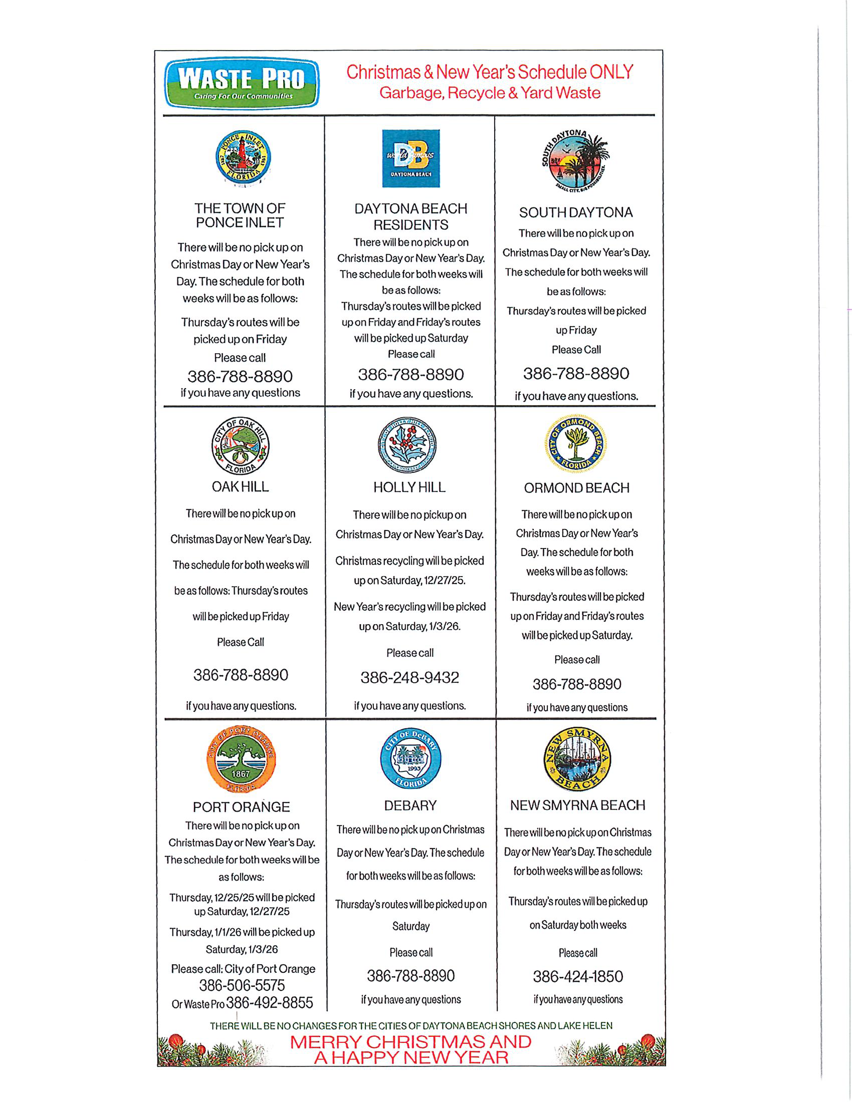 Waste Pro Holiday Schedule for Christmas & New Year's Only | Holly Hill FL